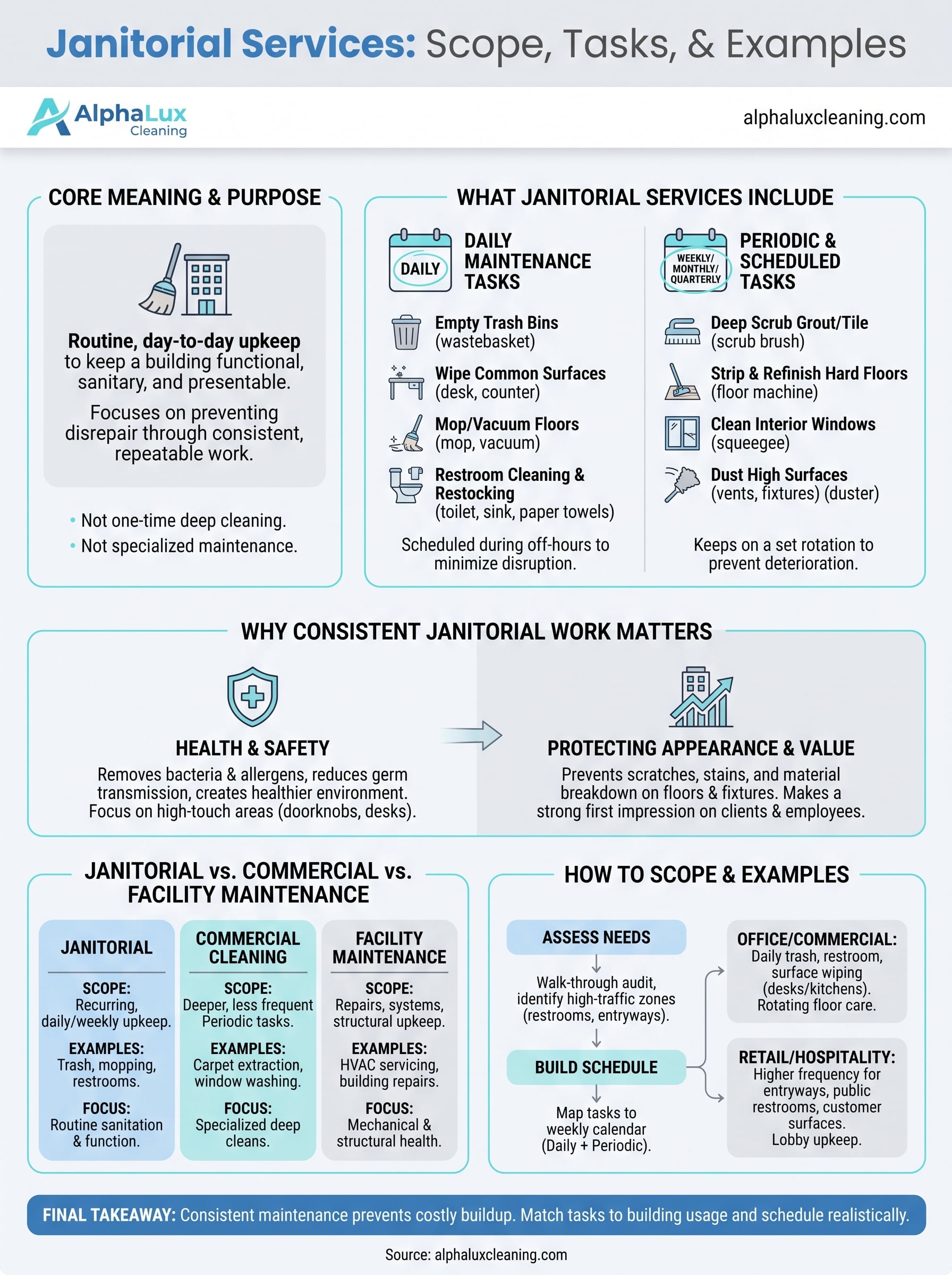 Janitorial Services Meaning: Scope, Tasks, And Examples - AlphaLux Cleaning